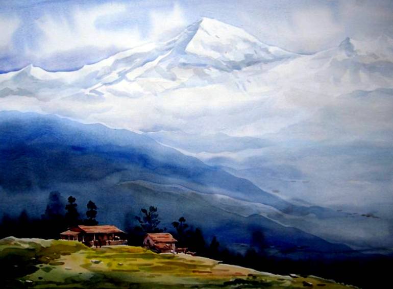 Mysterious Himalaya Snow Peaks-Watercolor on Paper Painting by Samiran ...