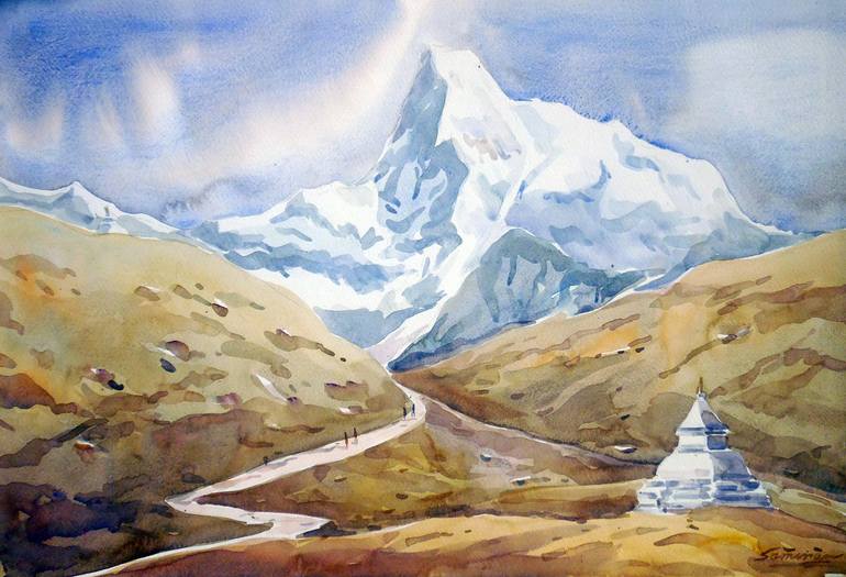 Landscape of Himalaya-Watercolor on paper Painting by Samiran Sarkar ...