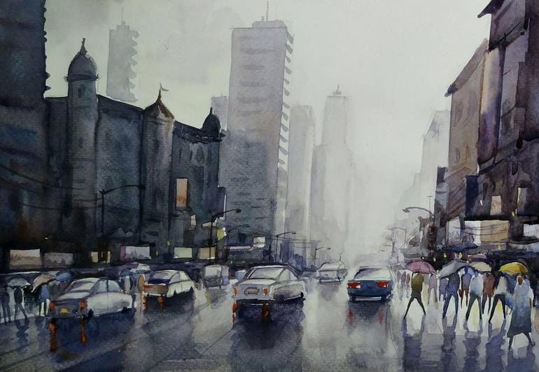 Monsoon City Street Painting by Samiran Sarkar | Saatchi Art