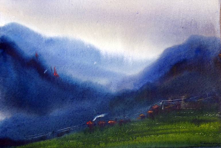 Mysterious Monsoon Himalaya - Watercolor on Paper Painting by Samiran ...