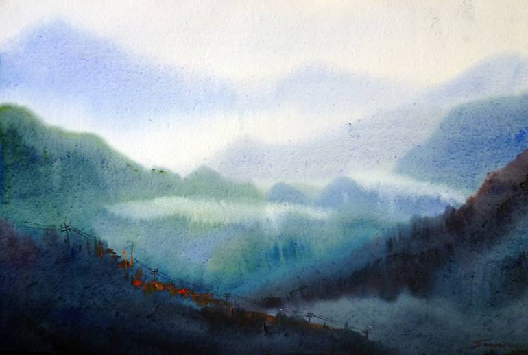 Beauty of Cloudy Himalaya - Watercolor on Paper Painting by Samiran ...