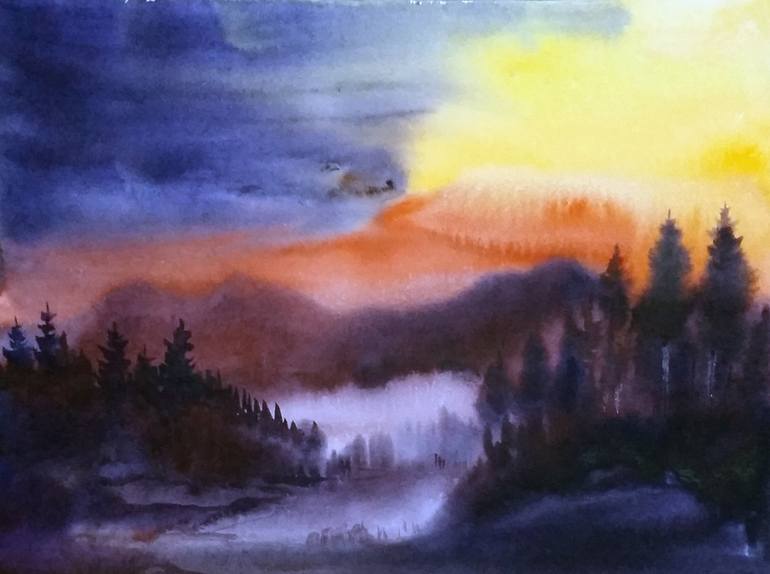 Sunset Mountain Forest Landscape Painting by Samiran Sarkar | Saatchi Art