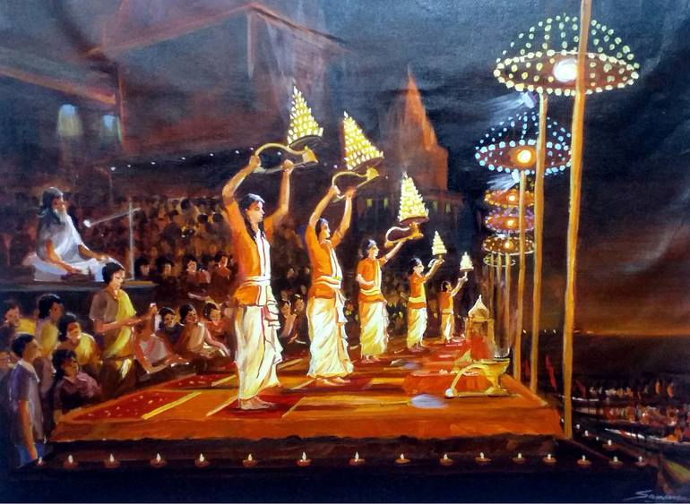 Gangs Arati Painting by Samiran Sarkar | Saatchi Art