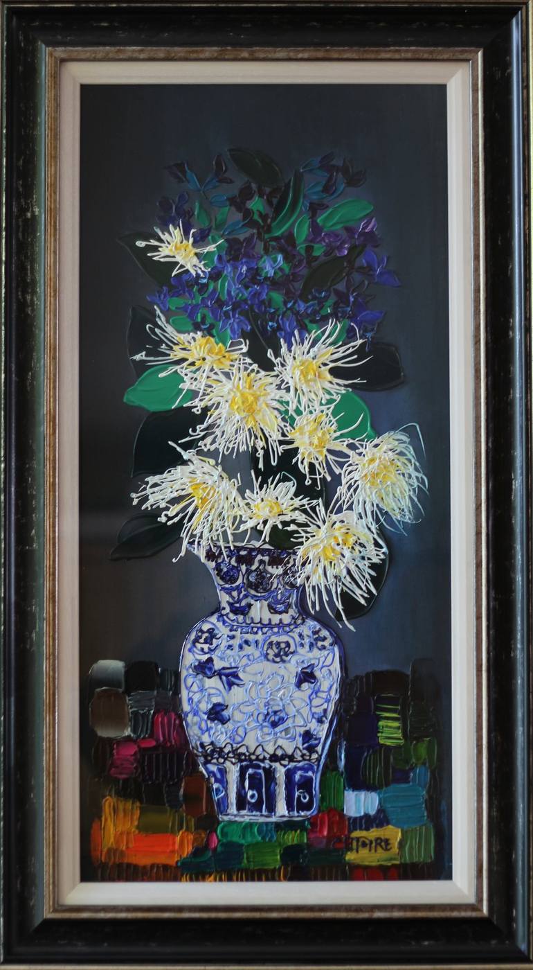 Bleue China Vase Dahlias Cactus Painting by Valerie Catoire | Saatchi Art