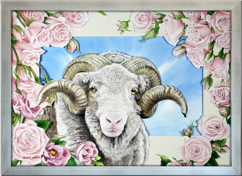 Merino with Roses Painting by Graeme Whittle | Saatchi Art