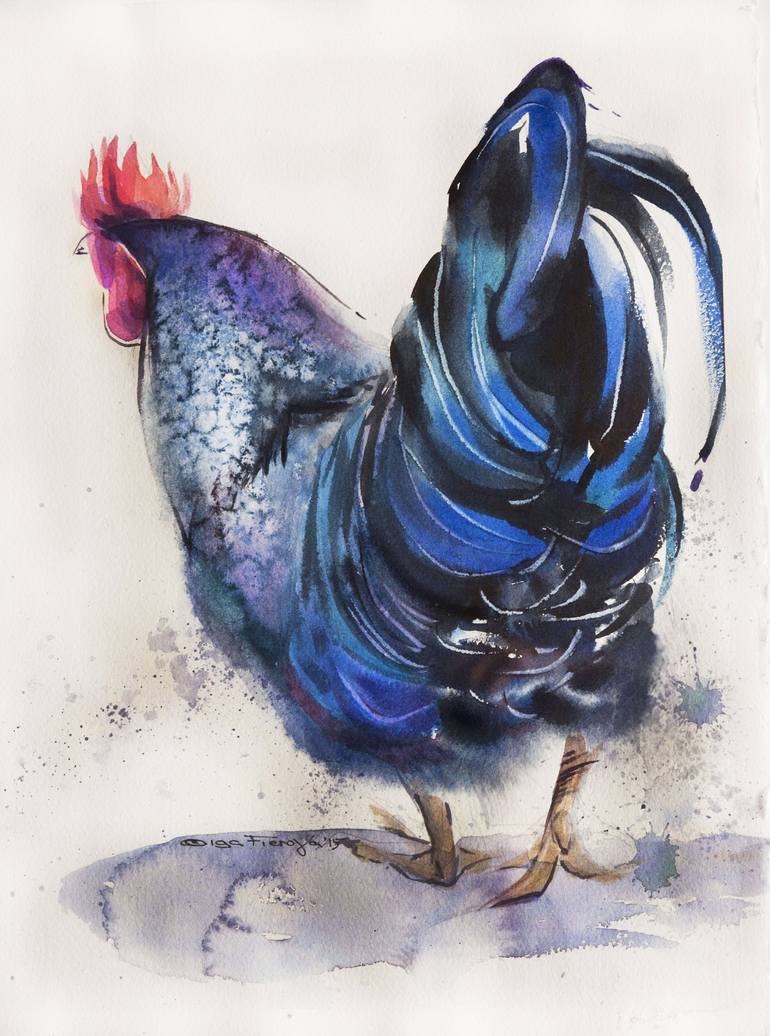 Blue Rooster №1 Painting by Olga Flerova | Saatchi Art