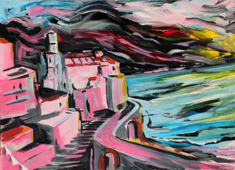 Atrani, pink sunrise Painting by Salvatore Ferrara | Saatchi Art