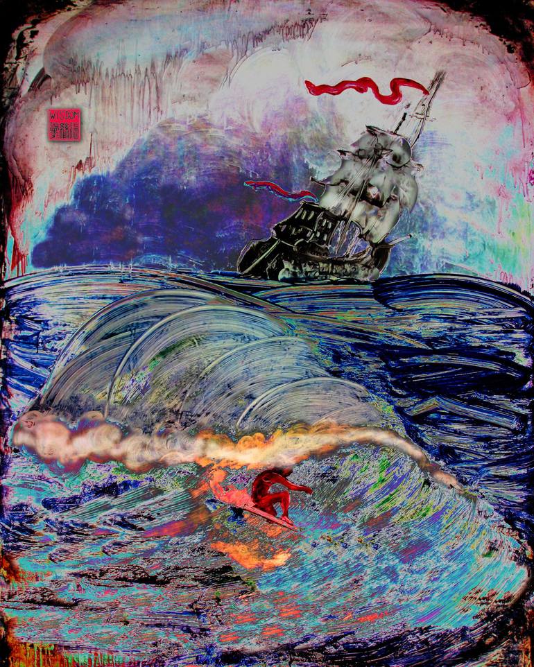 surfer with pirate ship Printmaking by norton wisdom | Saatchi Art