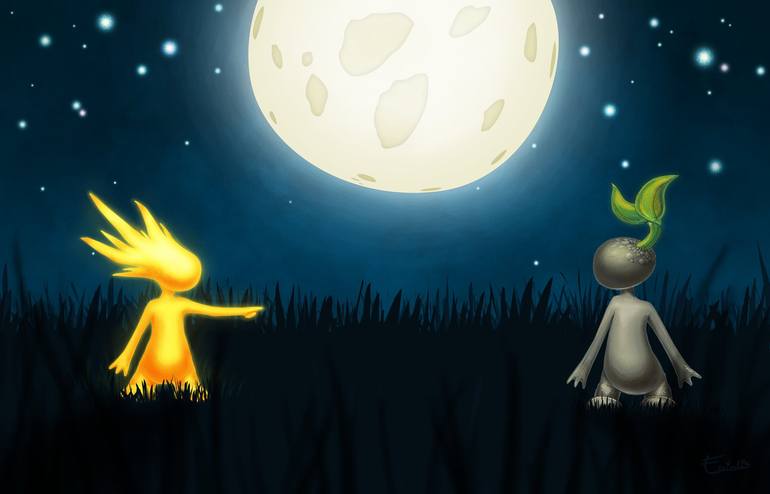 Moon, Earth and Fire Drawing by Denisa Kurucova | Saatchi Art