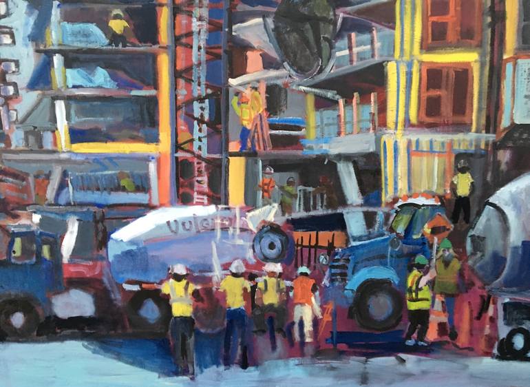 Men at work on new building Painting by Dianalola Gamerman | Saatchi Art