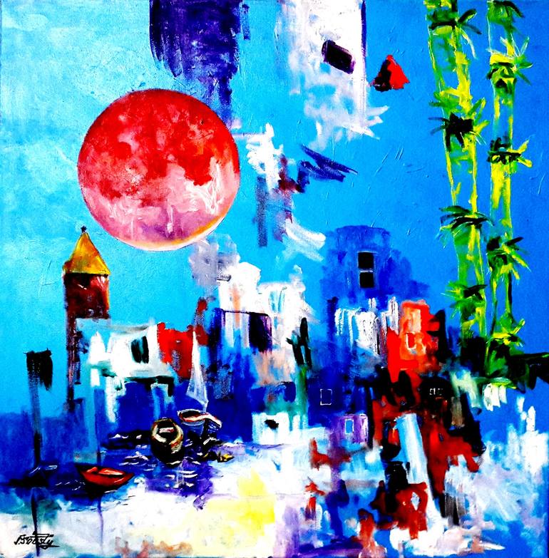 the village near the lake Painting by Mukarram Sousli | Saatchi Art
