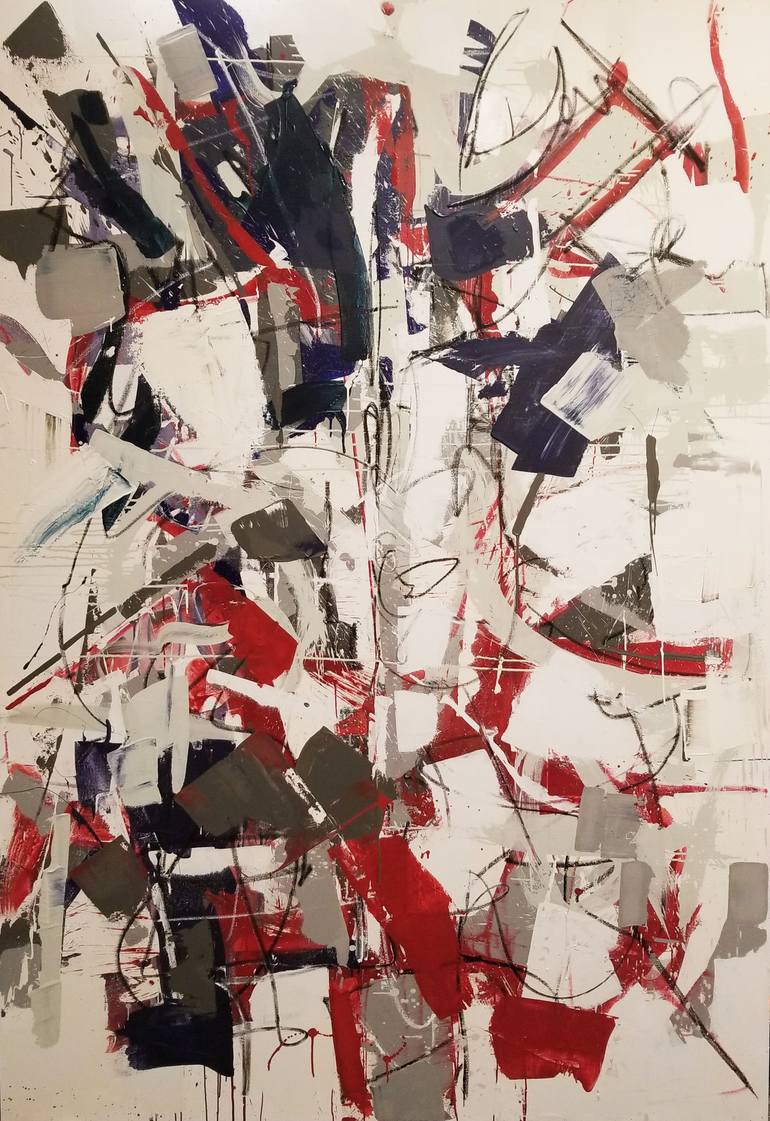 Abstract in red, blue and grey Painting by Seb Sweatman | Saatchi Art