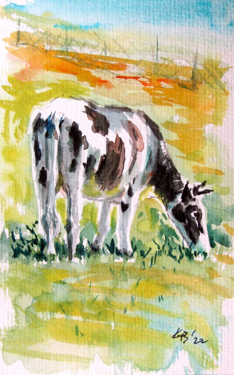 Cow on the meadow Painting by Kovacs Anna Brigitta | Saatchi Art