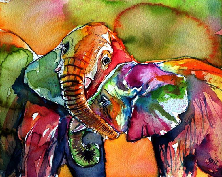 Cute elephants Painting by Kovacs Anna Brigitta | Saatchi Art