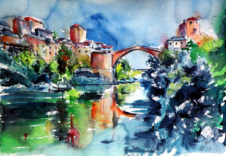 Mostar bridge Painting by Kovacs Anna Brigitta | Saatchi Art