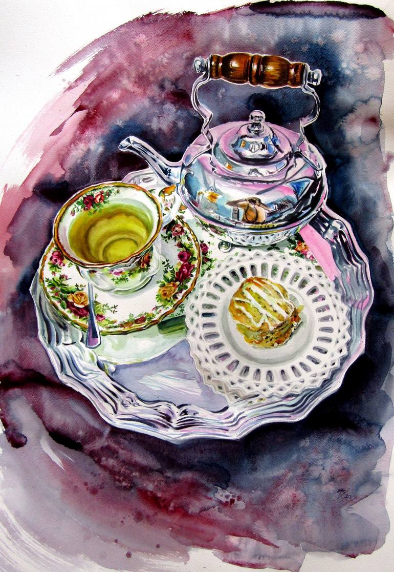 Still life with tea set Painting by Kovacs Anna Brigitta | Saatchi Art