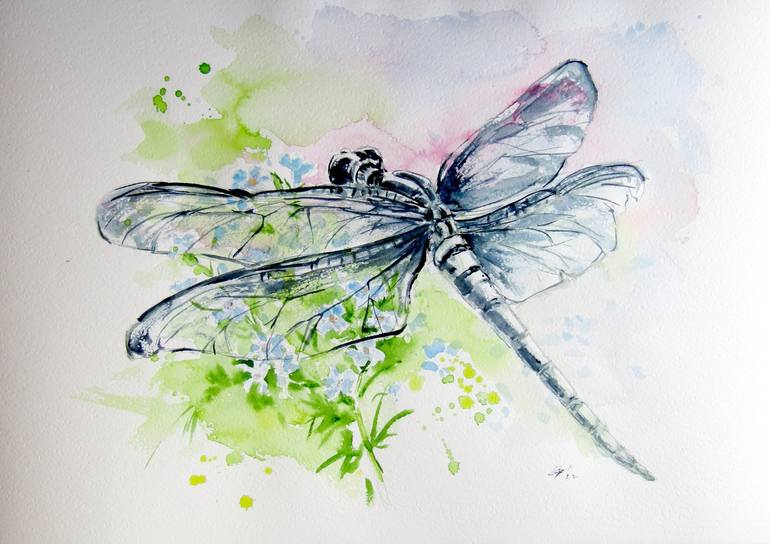 Dragonfly with flowers Painting by Kovacs Anna Brigitta | Saatchi Art
