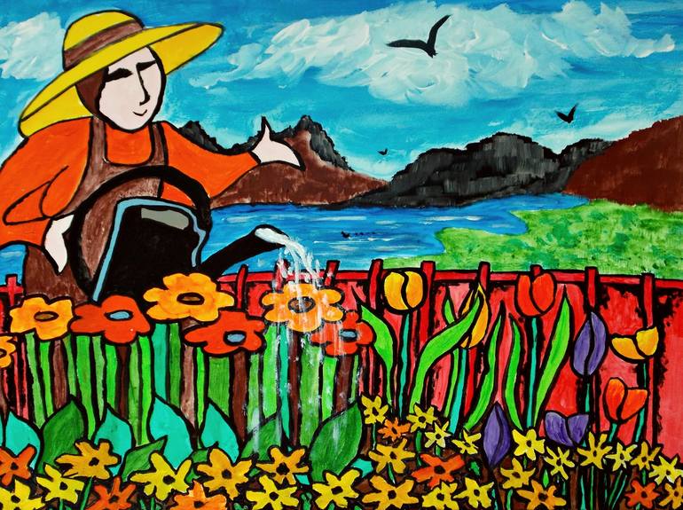 Watering the Flowers Painting by George Hunter | Saatchi Art