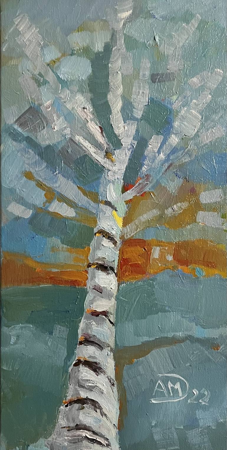 Birch in sunset Painting by Ana-Maria Dragomir Cioroiu | Saatchi Art