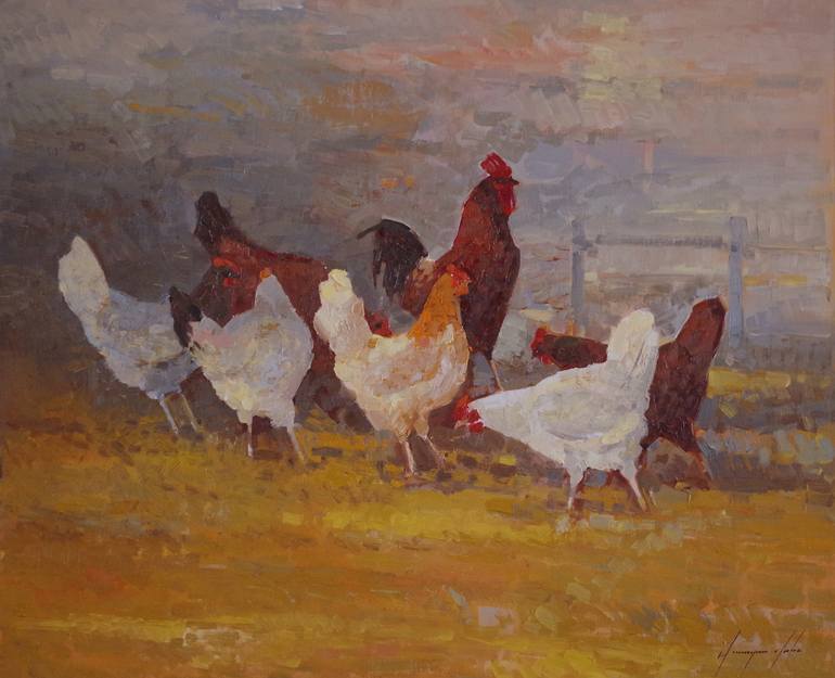 Hens, Original oil painting, Impressionism, traditional art, Handmade ...