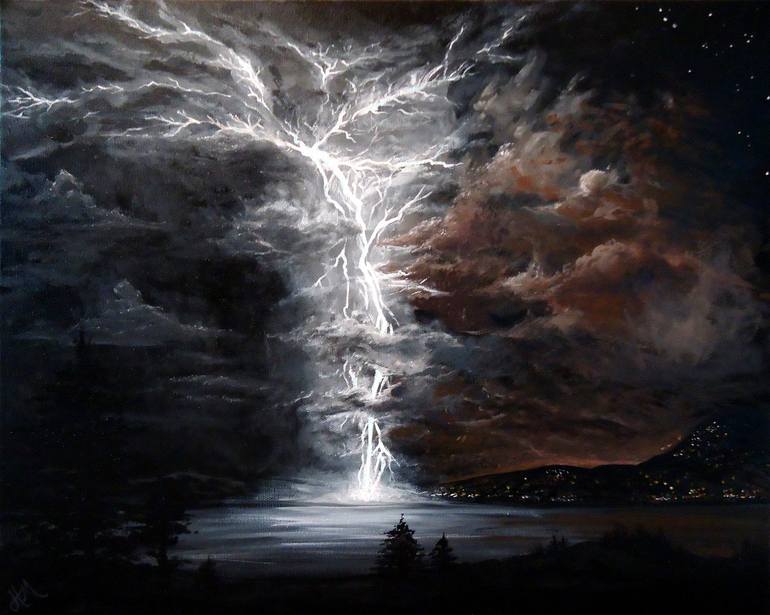 Lightening Strikes Lakeside Painting by HEIDI MARKS | Saatchi Art