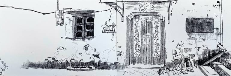 Painter in front of the farmhouse Drawing by Gao Cheng | Saatchi Art