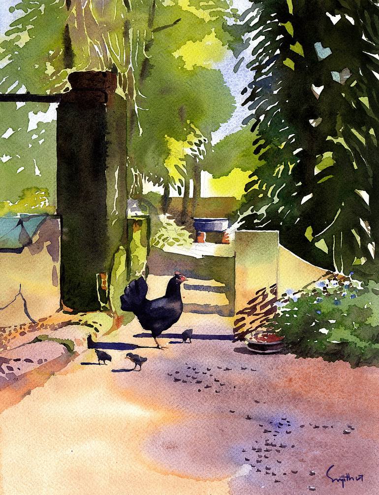 Mother Hen with Chicks Painting by Sujith Navam | Saatchi Art