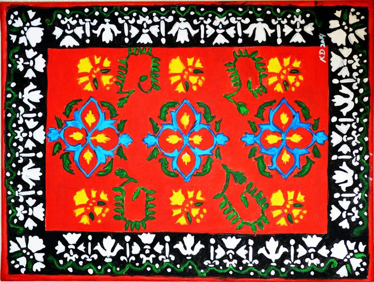 Persian Rug Style Painting On Canvas, Artist, Acrylic, Art Deco, and ...