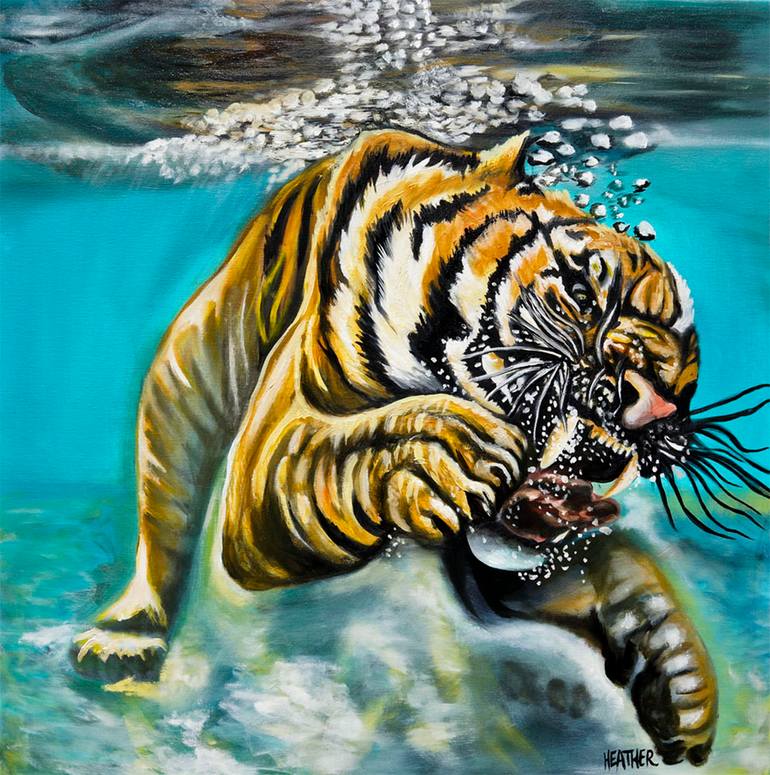 Swimming Tiger Painting by Heather Bond | Saatchi Art