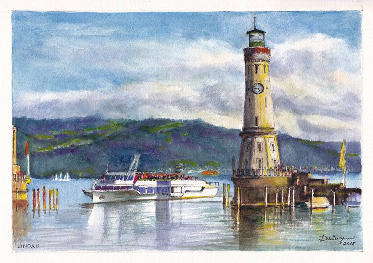 Germany, Bodensee, Lindau Lighthouse and Harbour Painting by Dai Wynn ...