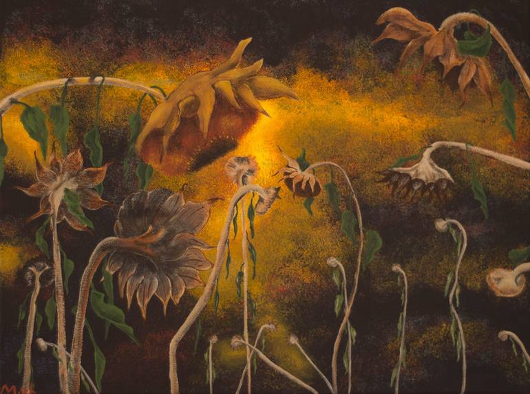 Dead sunflowers glowing background Painting by Michelle Dunn | Saatchi Art