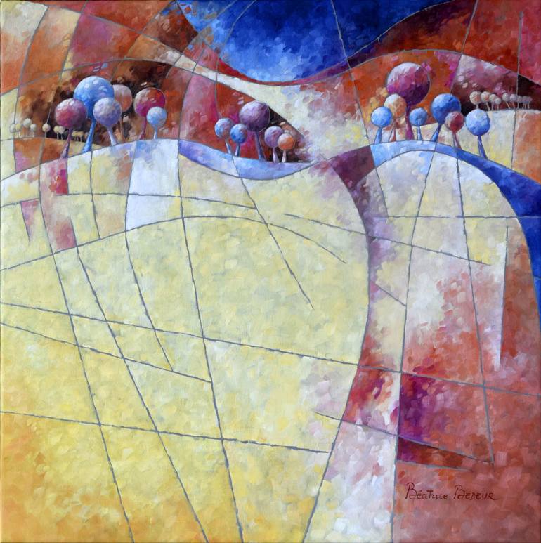 Landscape and trees in yellow / 100 x 100 x 3 cm Painting by Beatrice ...