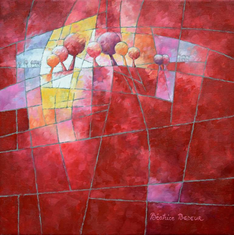 Landscape and trees in red / 50 x 50 x 3 cm Painting by Beatrice BEDEUR ...