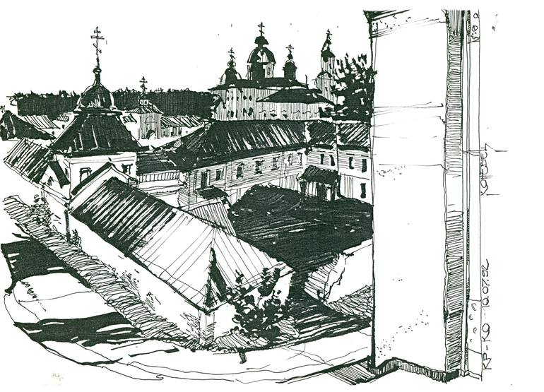 Plain air in Konevets Monastery Drawing by Sergey Kravchenko | Saatchi Art