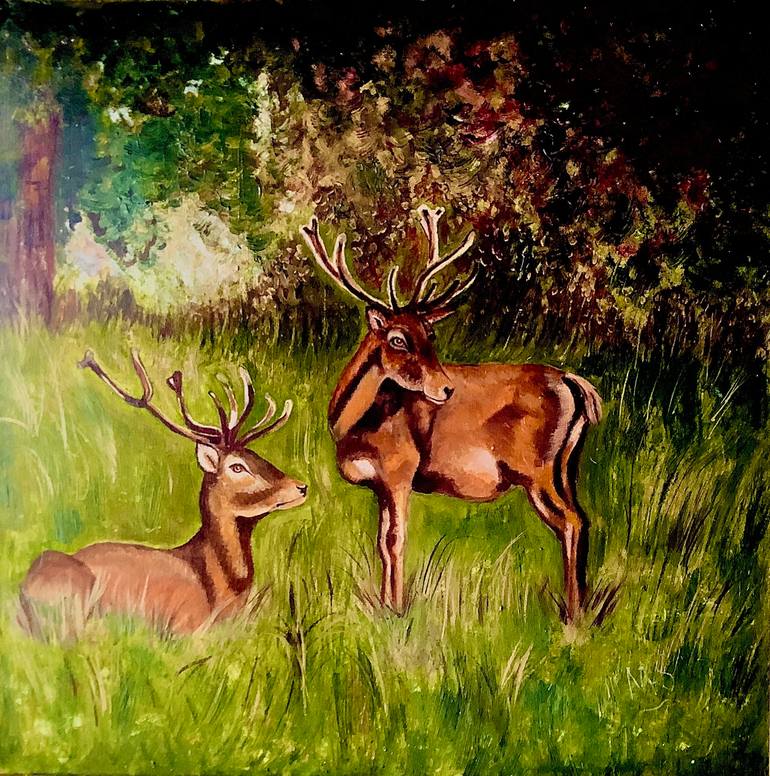 Watchful Red Deer Painting by Margot Stinton | Saatchi Art