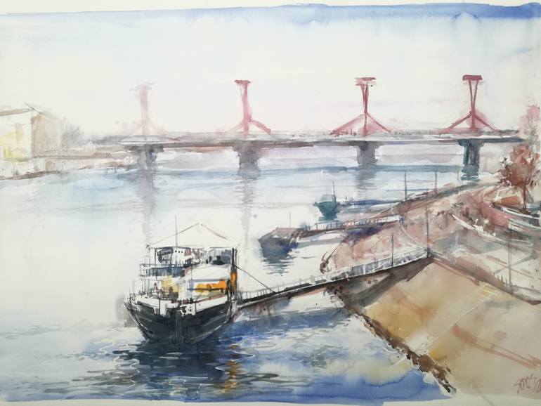 Danube bridge view in Budapest. Painting by Lorand Sipos | Saatchi Art