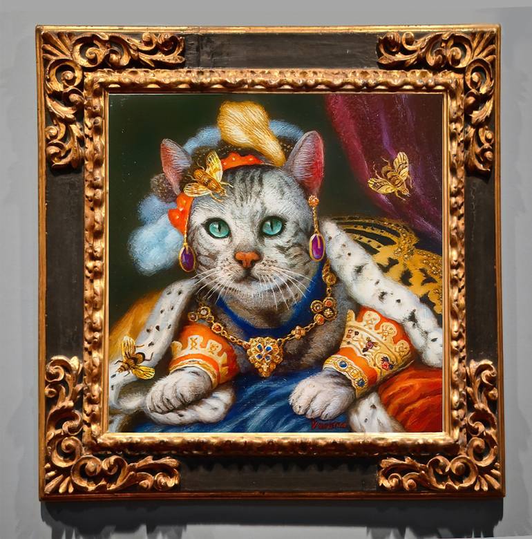 Empress Cat with Imperial Bee Painting by Lilia Varetsa | Saatchi Art