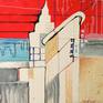Buildingscape with Red Sky Painting by Mike Quon | Saatchi Art