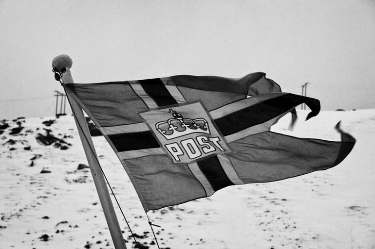 norwegian post flag flying on stern of hurtigruten coastal ship ...