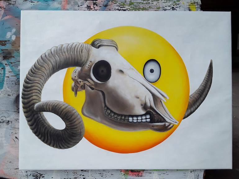 Smiley skull remake of 2018 mural Painting by Cee Pil | Saatchi Art