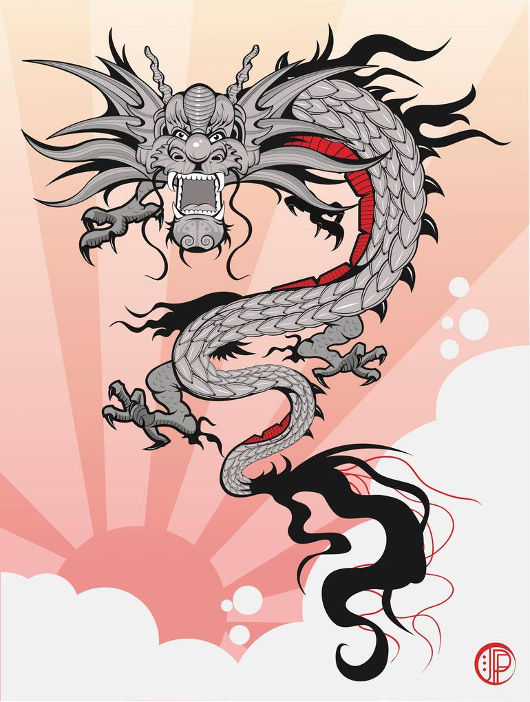 rising sun Dragon Drawing by juan Pablo Fertitta | Saatchi Art