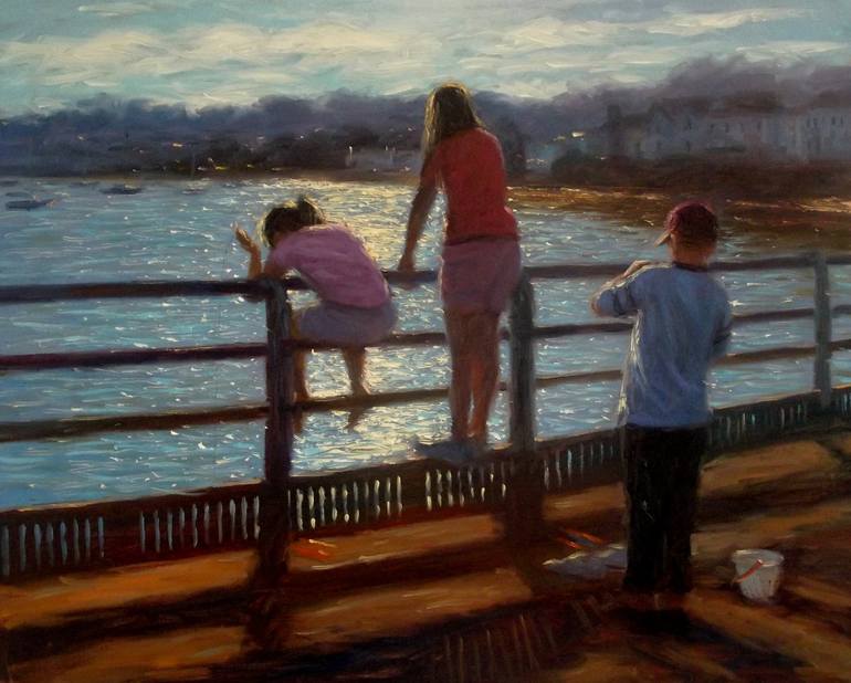 crabbing on Beaumaris pier Painting by STEVEN JONES | Saatchi Art