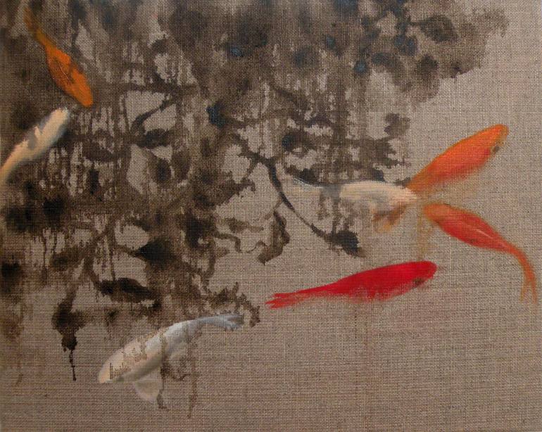 Pesci bianchi e rossi su tela cruda Painting by Valeria Pesce | Saatchi Art