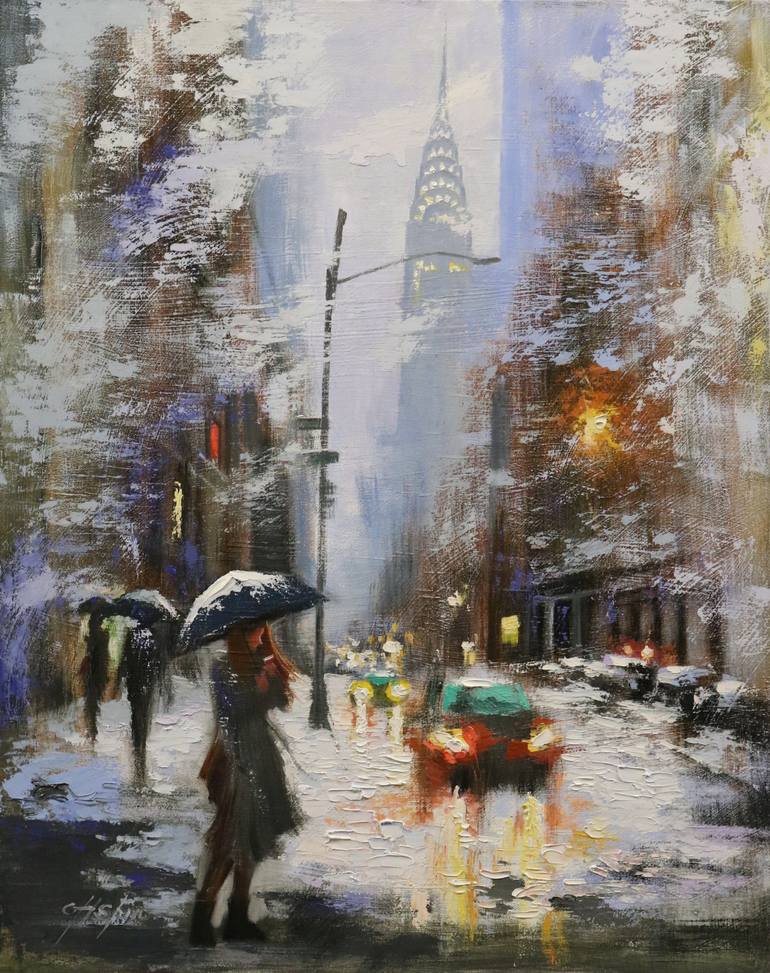 Winter Walkers in Lexington Painting by Chin H Shin | Saatchi Art