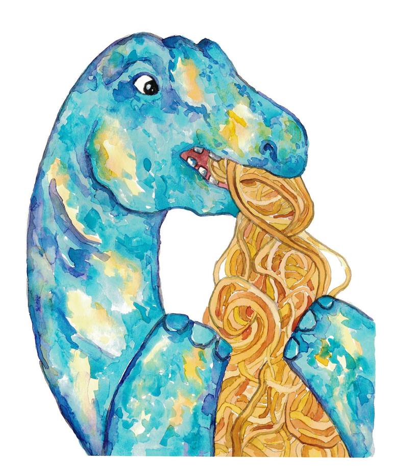 Brontosaurus eating spaghetti watercolor painting Painting by Maryna ...