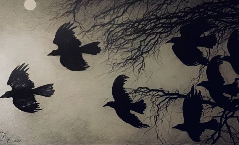 Moonlight crows Drawing by Ronald Vlasic | Saatchi Art