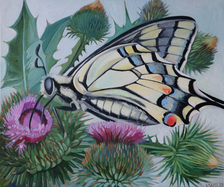 Donkey thistle with swallowtail Painting by Violeta Vollmer | Saatchi Art