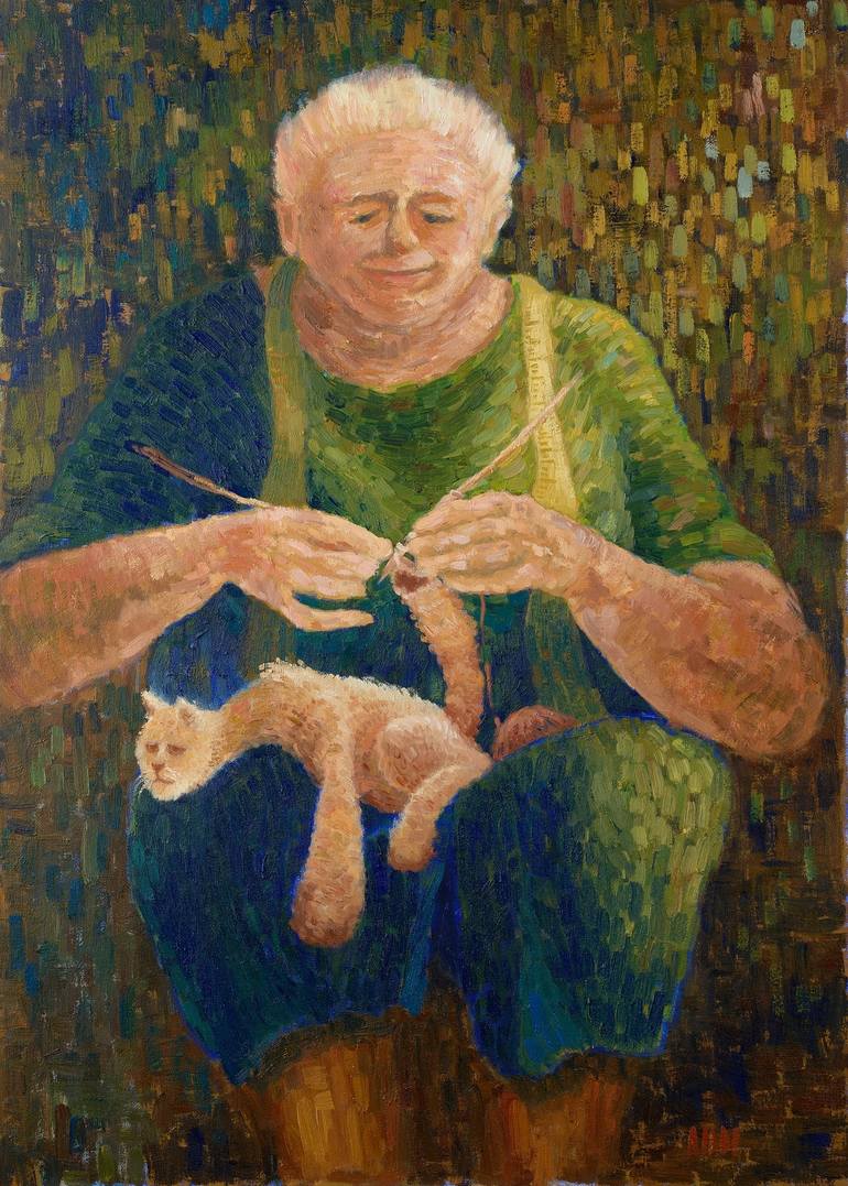 Granny is knitting Painting by Sima Alexandru | Saatchi Art