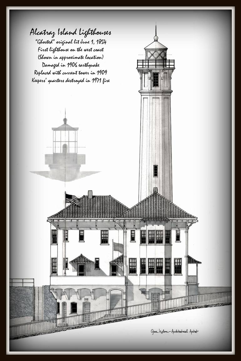 Alcatraz Island Lighthouses - Vignette Drawing by Gene Nelson | Saatchi Art