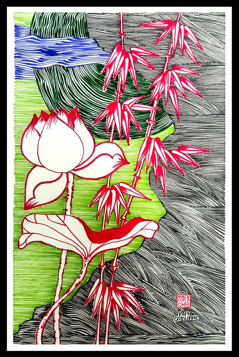 cloud, sky, bamboo, rock, lotus, moon Drawing by Oscar Munoz Balajadia ...